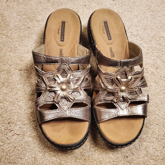 Clarks | Shoes | Clarks Metallic Pewter Sandals | Poshmark